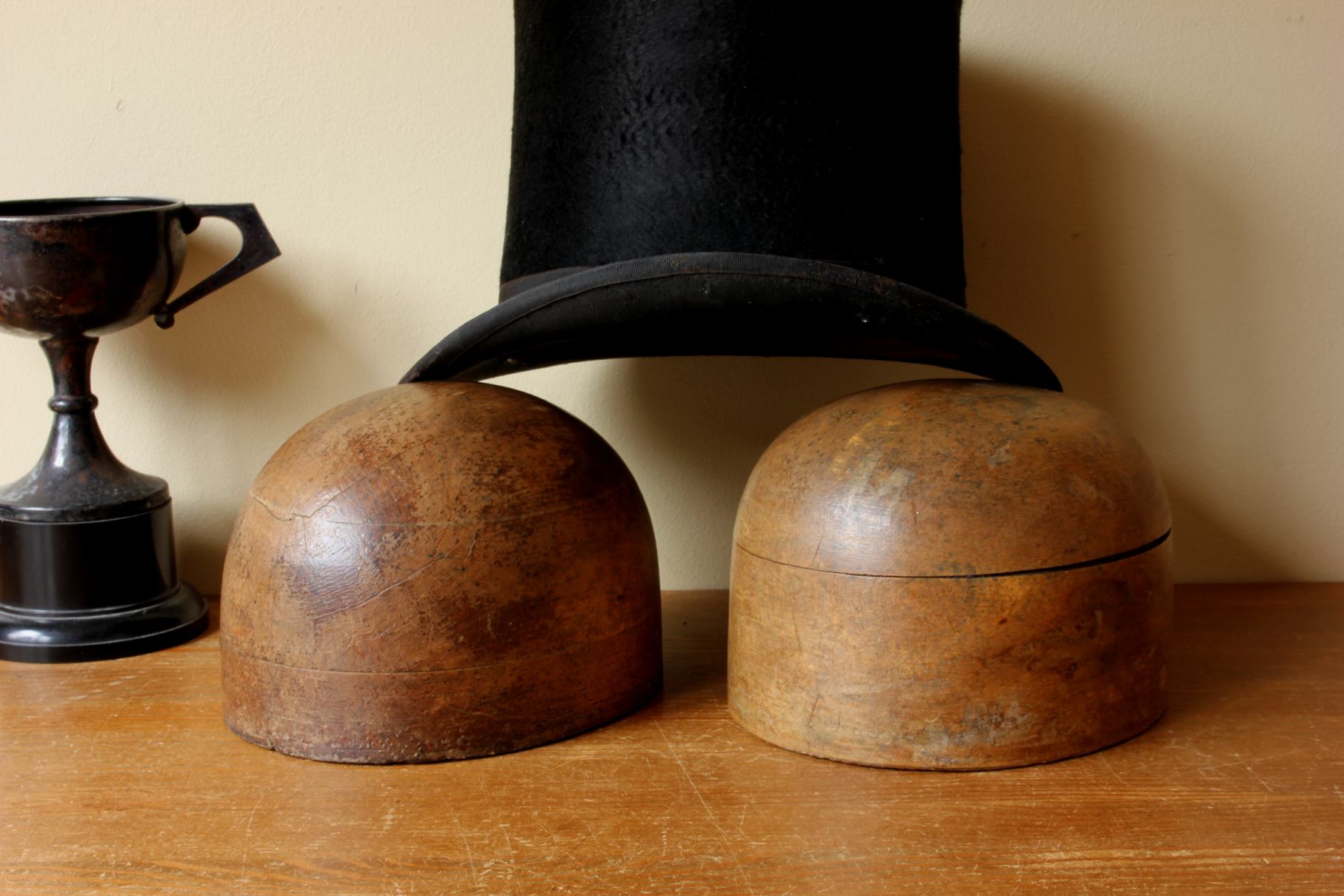 Two Original Milliners Wooden Hat Blocks. Antique Wig Shop Displays.