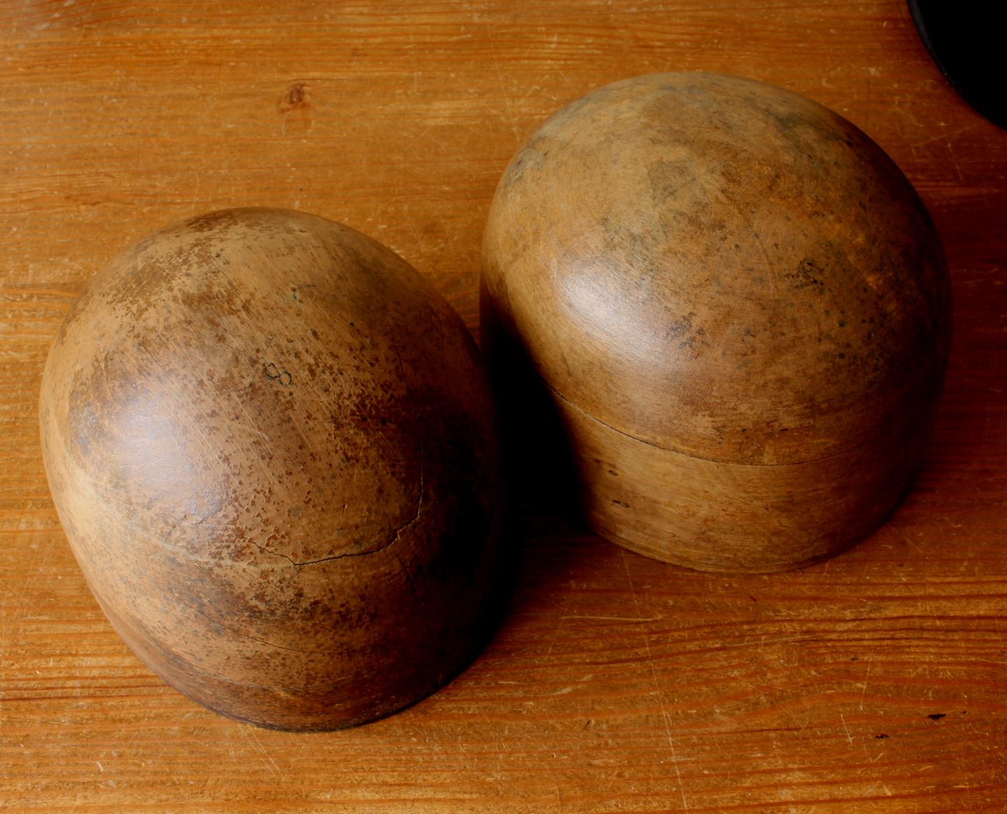Two Original Milliners Wooden Hat Blocks. Antique Wig Shop Displays.