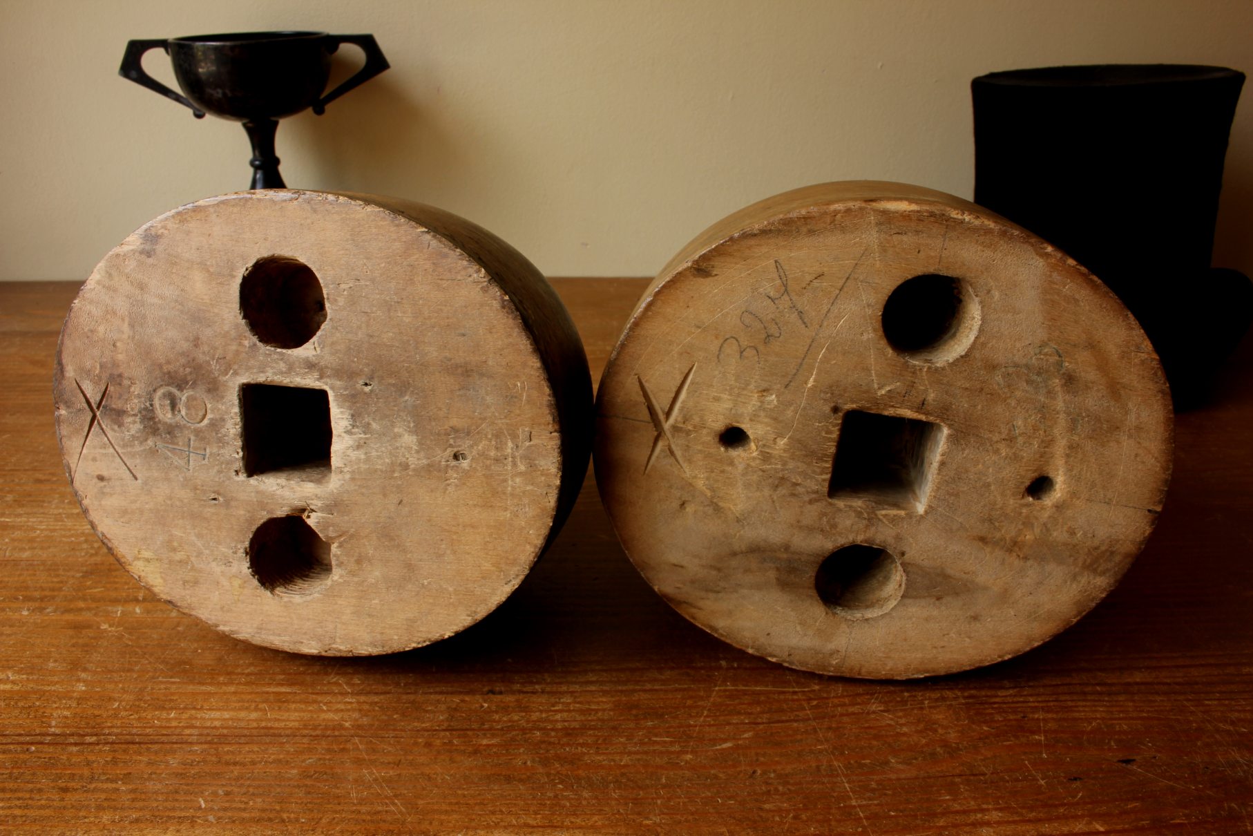 Two Original Milliners Wooden Hat Blocks. Antique Wig Shop Displays.