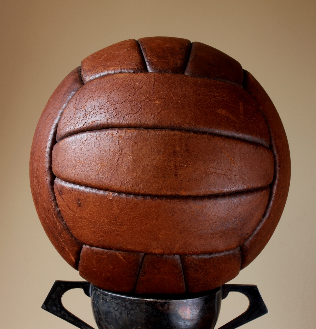 Dark Brown Leather Football. 18 Panel Soccer Ball c1940.