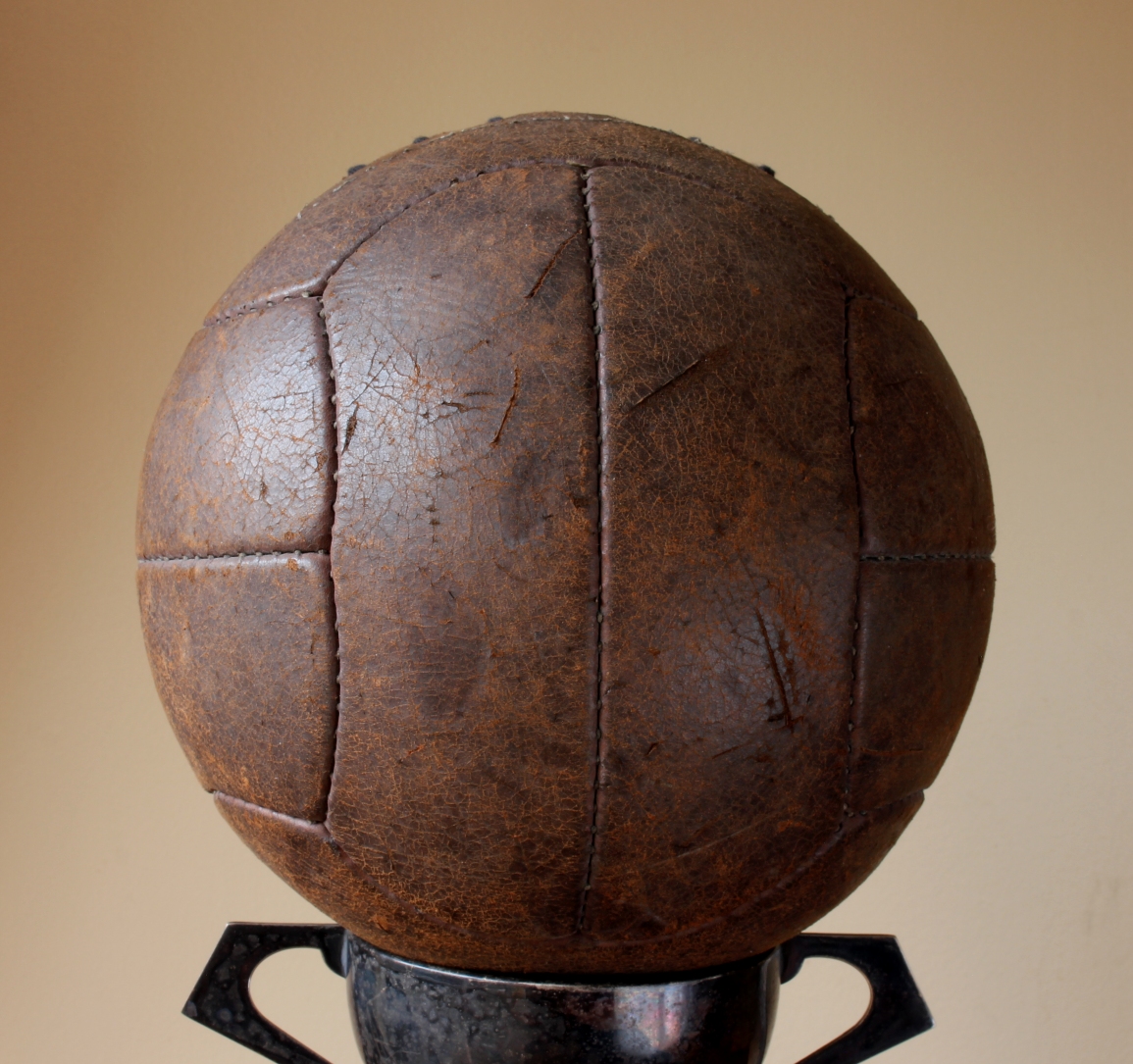 Original Vintage Leather Football. 12 Panel Brown Soccer Ball.