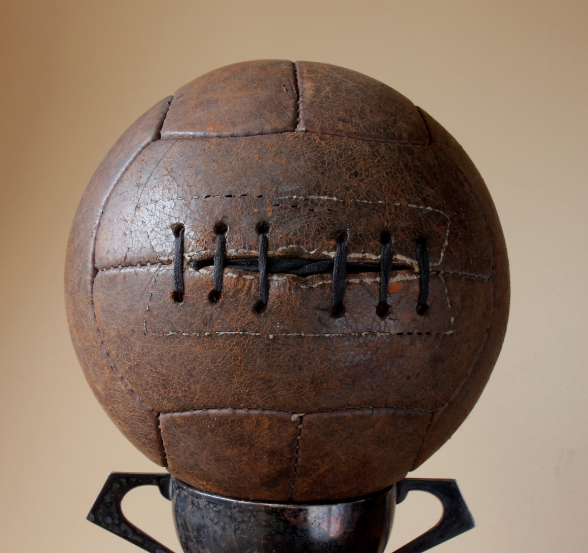 Original Vintage Leather Football. 12 Panel Brown Soccer Ball.