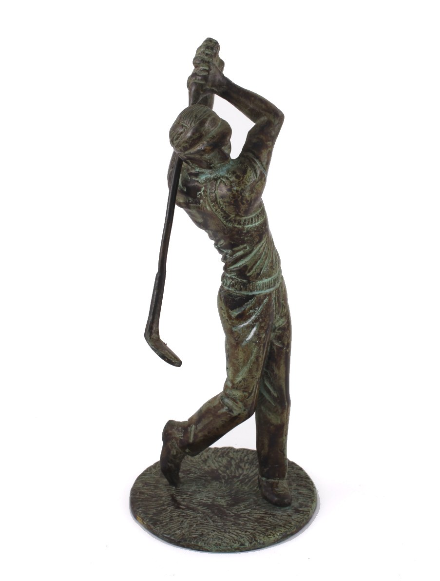 Bronze Golfer Statue. Figure Of Golfing Man Swinging Golf Club.