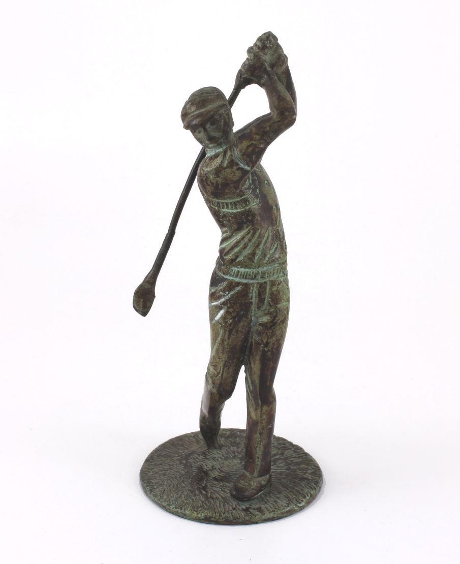 Bronze Golfer Statue. Figure Of Golfing Man Swinging Golf Club.