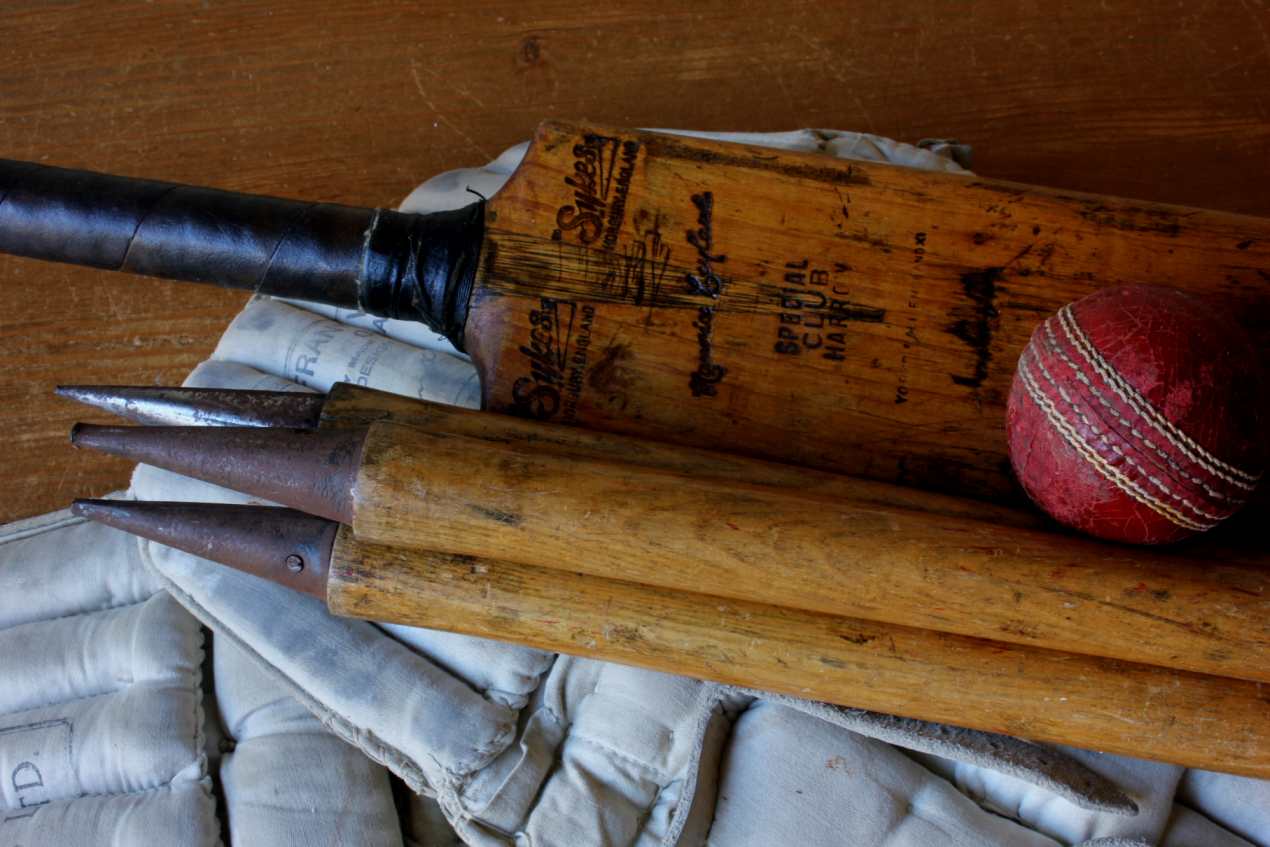 Cricket Kit. Pads, Bat, Stumps & Ball. Decorative, Sport, Bar, Shop.