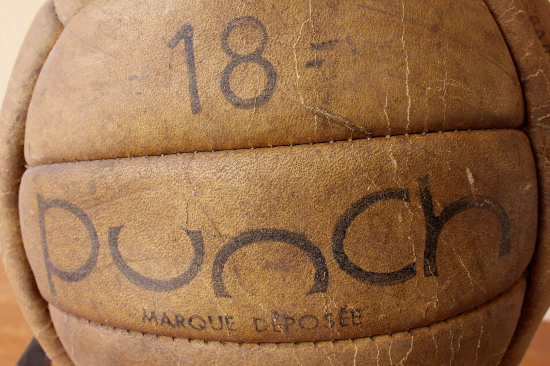 French Leather Foot-Ball. 18 Panel Punch Soccer Football Display c1950.