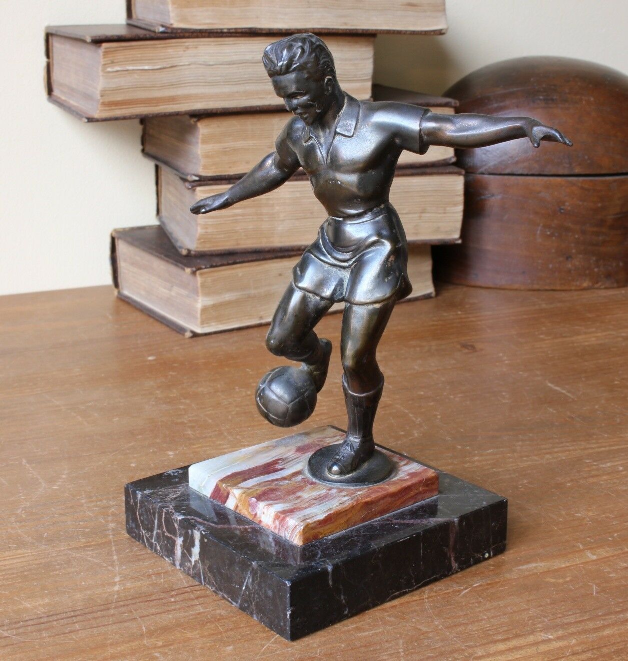 French Soccer Player & Football Statue. Vintage Gallot Footballer Figure.
