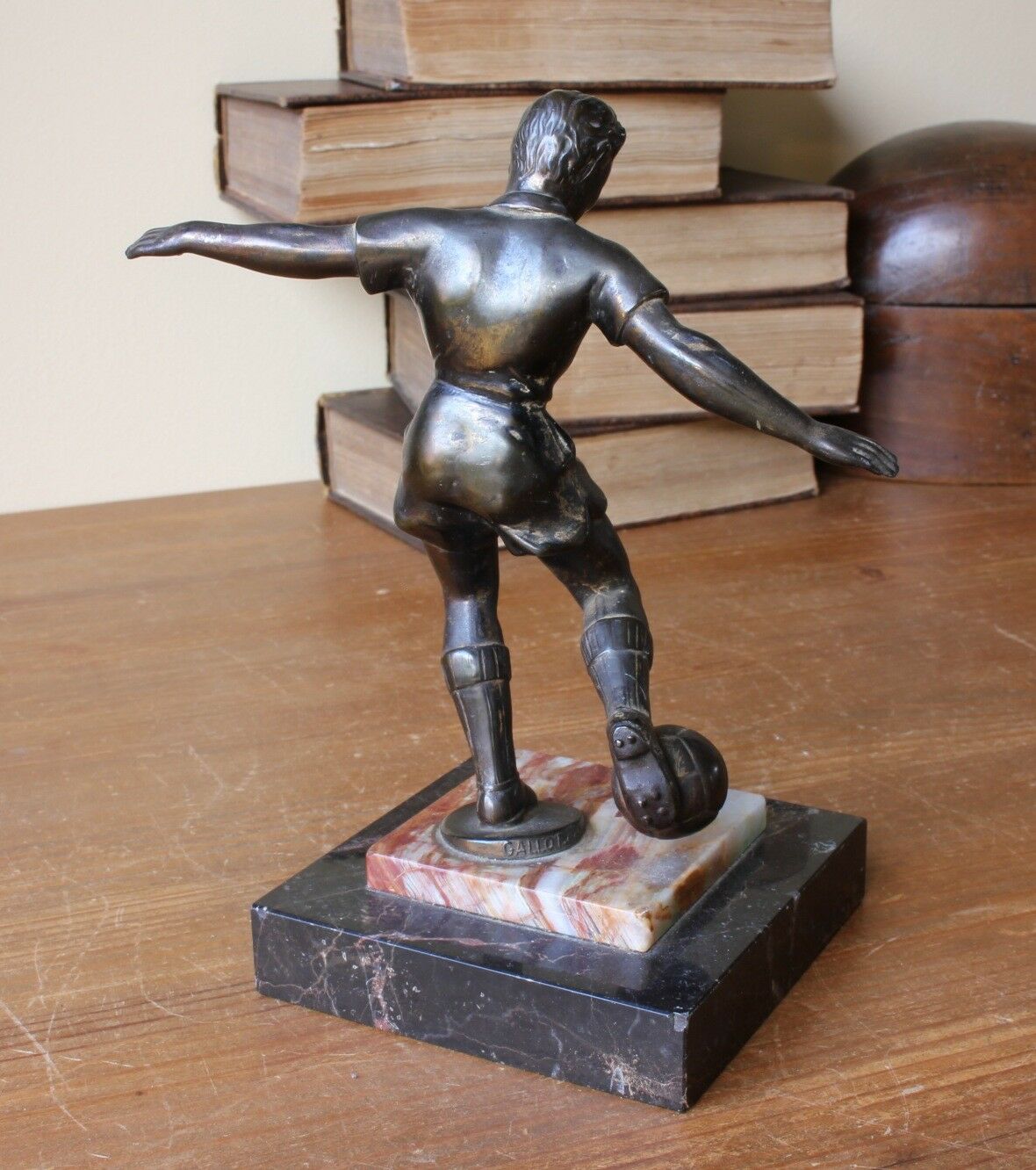 French Soccer Player & Football Statue. Vintage Gallot Footballer Figure.