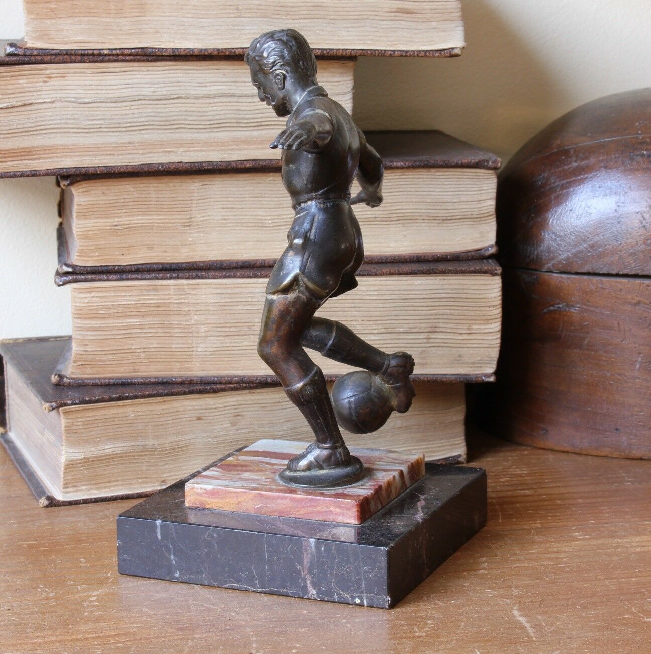 French Soccer Player & Football Statue. Vintage Gallot Footballer Figure.