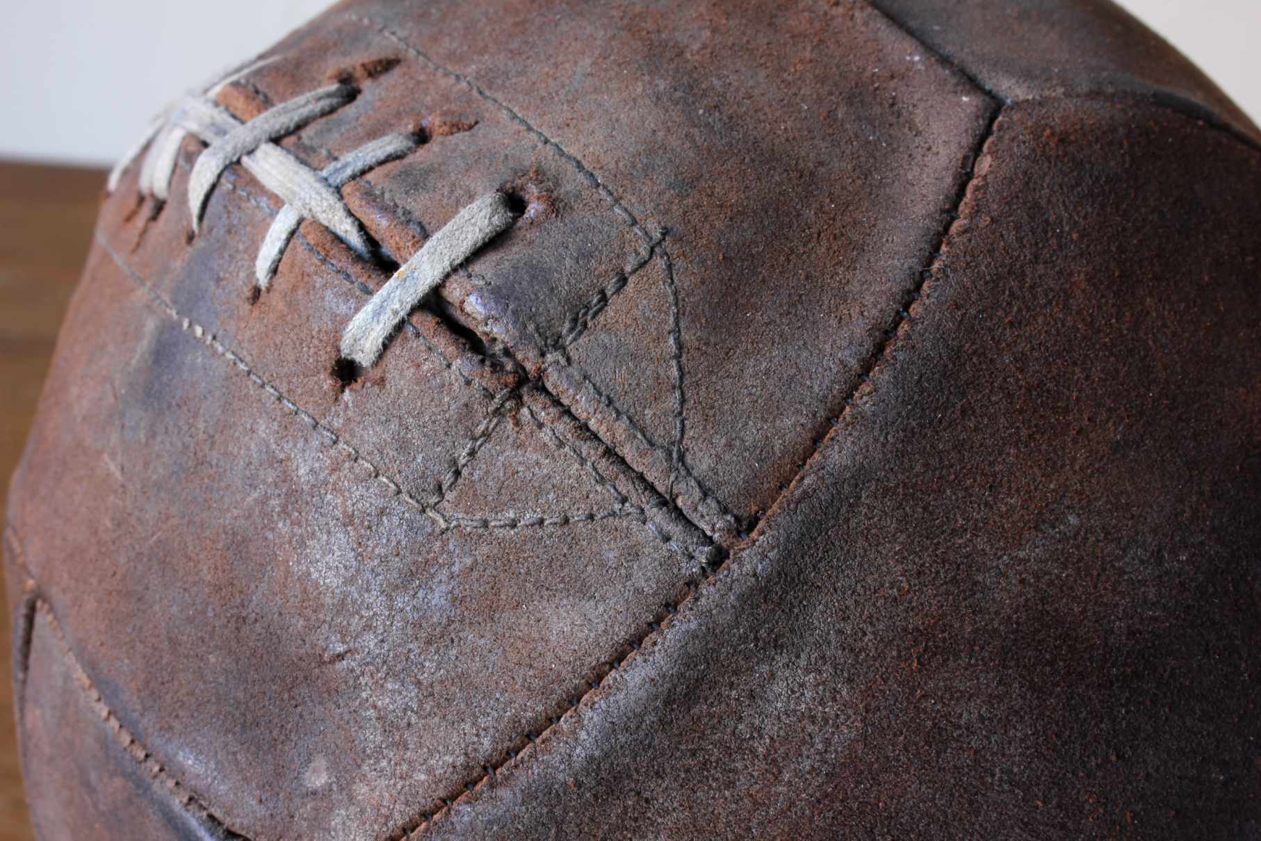 Vintage Leather Football. Old Laced 12 Panel Brown Soccer Ball. c1950.
