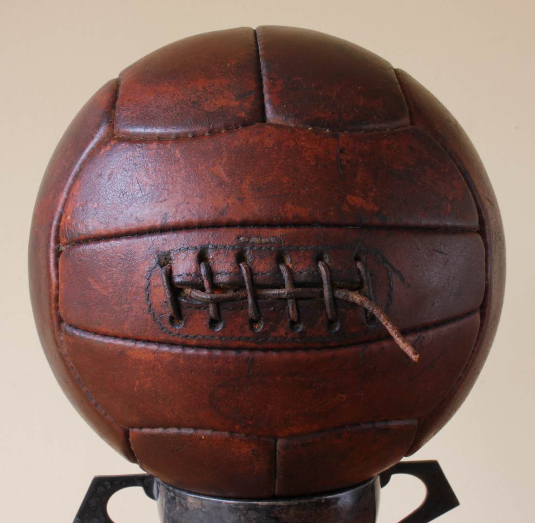 Vintage Match Football. Brown Leather 13 Panel Laced Soccer Ball c1940.
