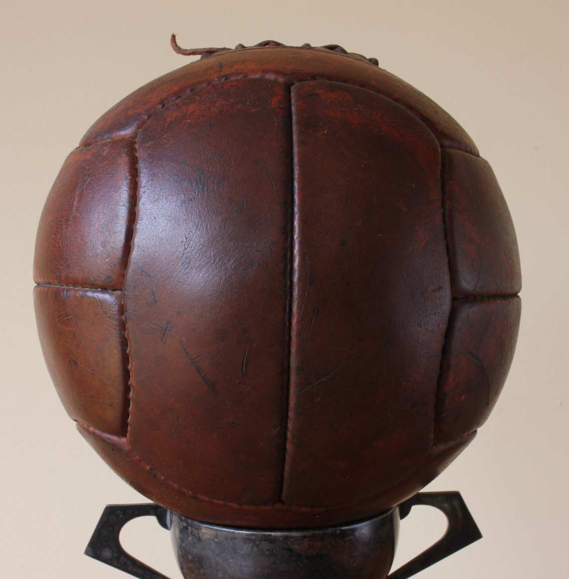 Vintage Match Football. Brown Leather 13 Panel Laced Soccer Ball c1940.