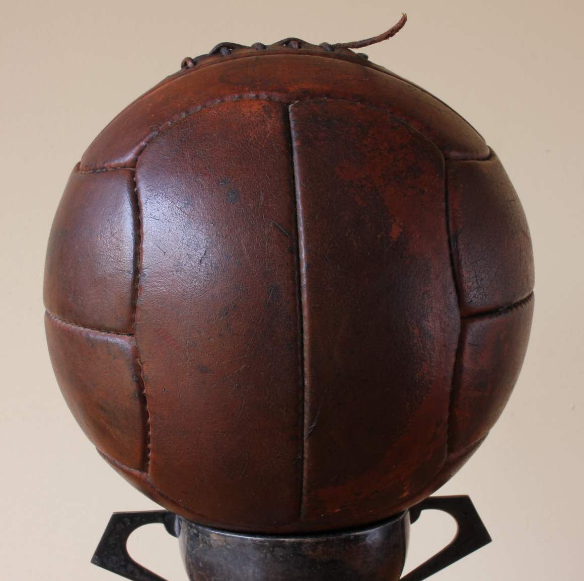 Vintage Match Football. Brown Leather 13 Panel Laced Soccer Ball c1940.