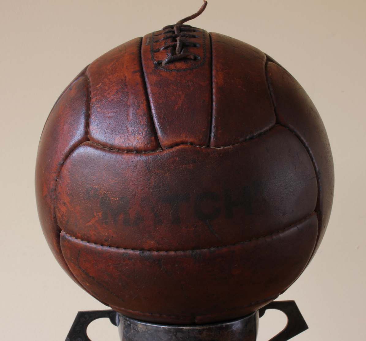 Vintage Match Football. Brown Leather 13 Panel Laced Soccer Ball c1940.