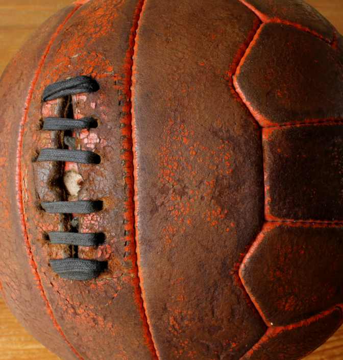 Vintage Red Leather Football. 18 Zig Zag Panel Laced Soccer Ball. c1950.