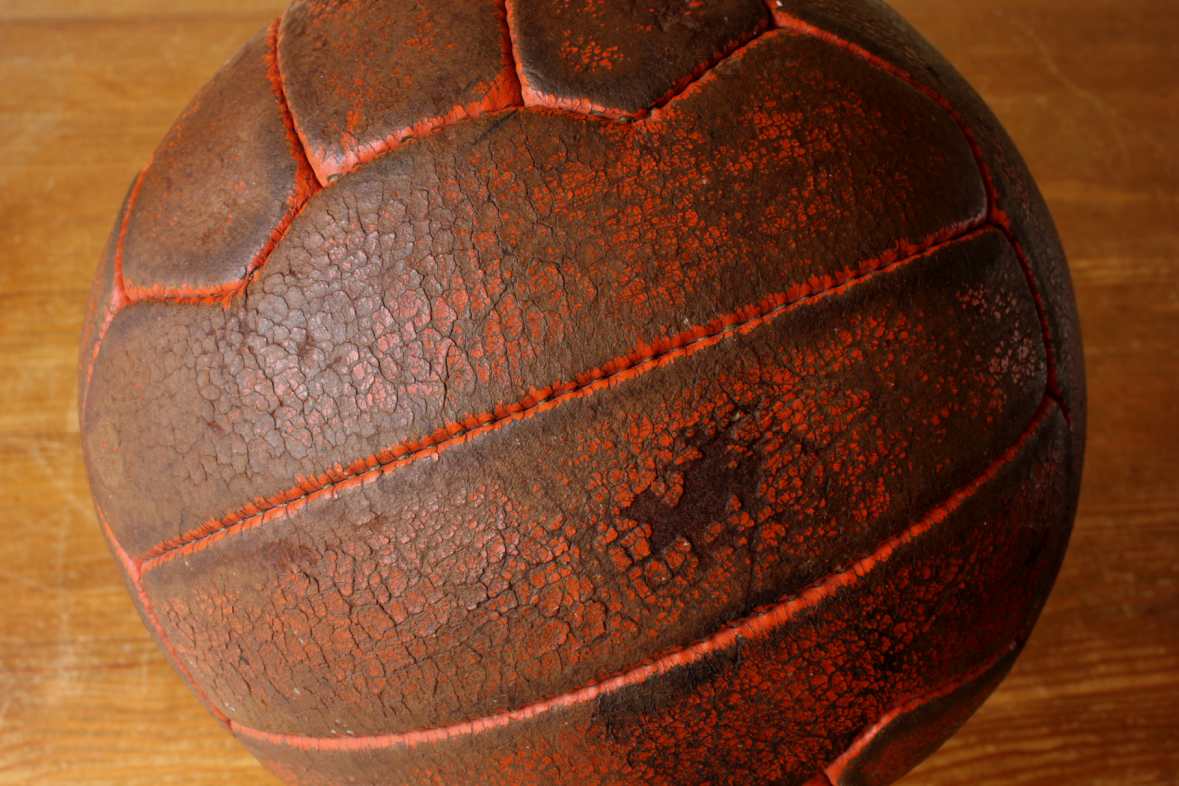 Vintage Red Leather Football. 18 Zig Zag Panel Laced Soccer Ball. c1950.