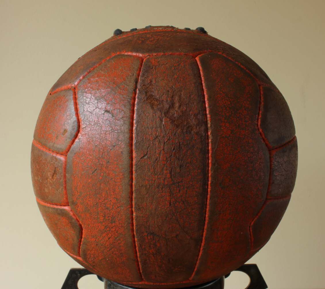 Vintage Red Leather Football. 18 Zig Zag Panel Laced Soccer Ball. c1950.