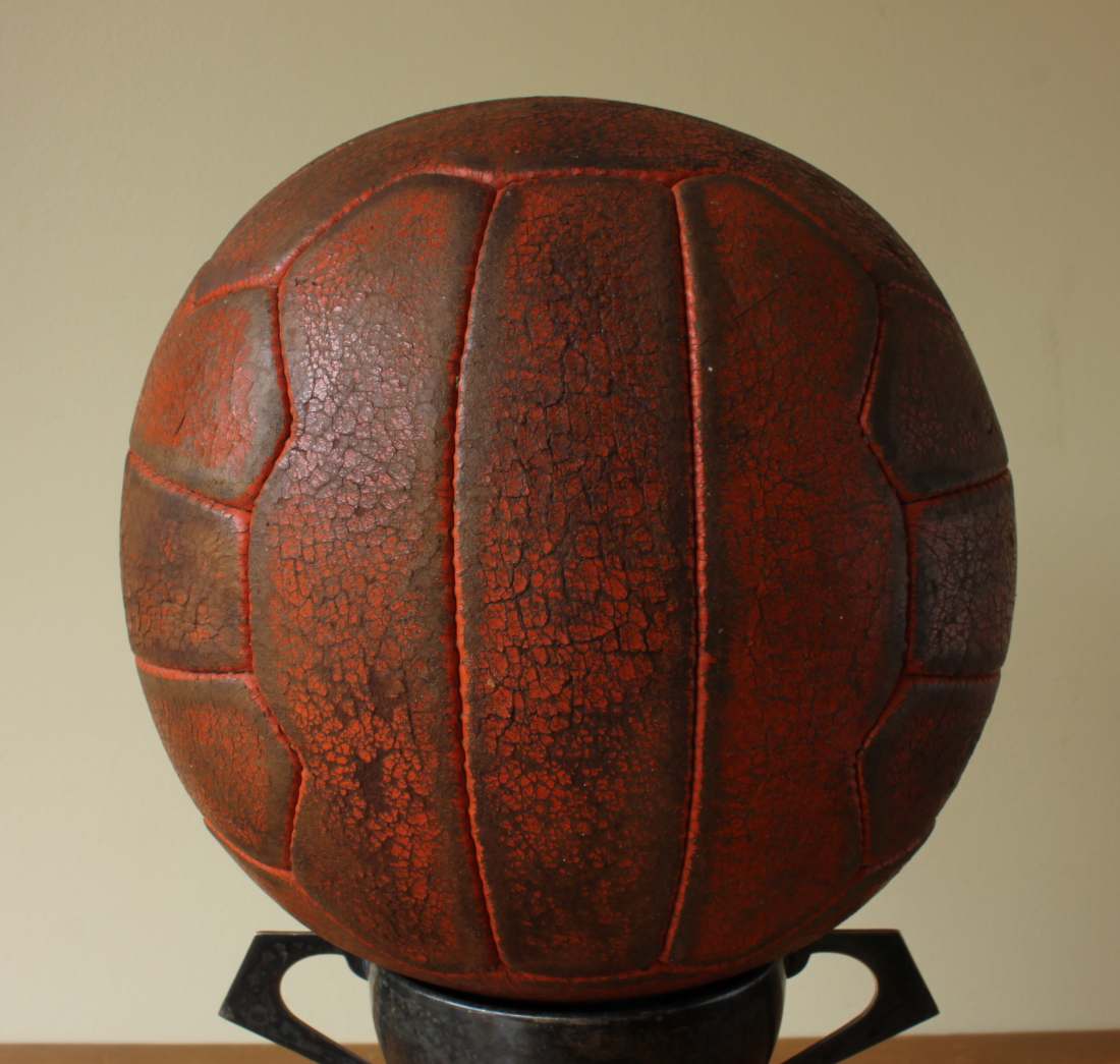 Vintage Red Leather Football. 18 Zig Zag Panel Laced Soccer Ball. c1950.