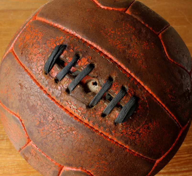Vintage Red Leather Football. 18 Zig Zag Panel Laced Soccer Ball. c1950.