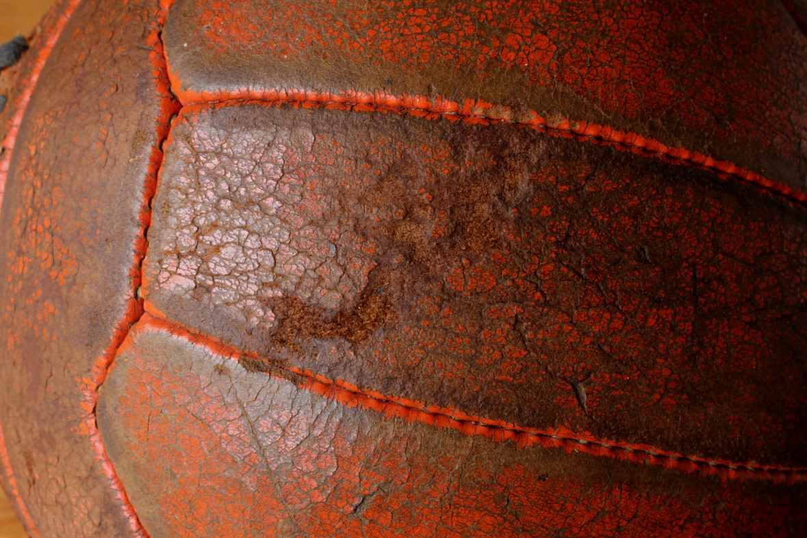 Vintage Red Leather Football. 18 Zig Zag Panel Laced Soccer Ball. c1950.