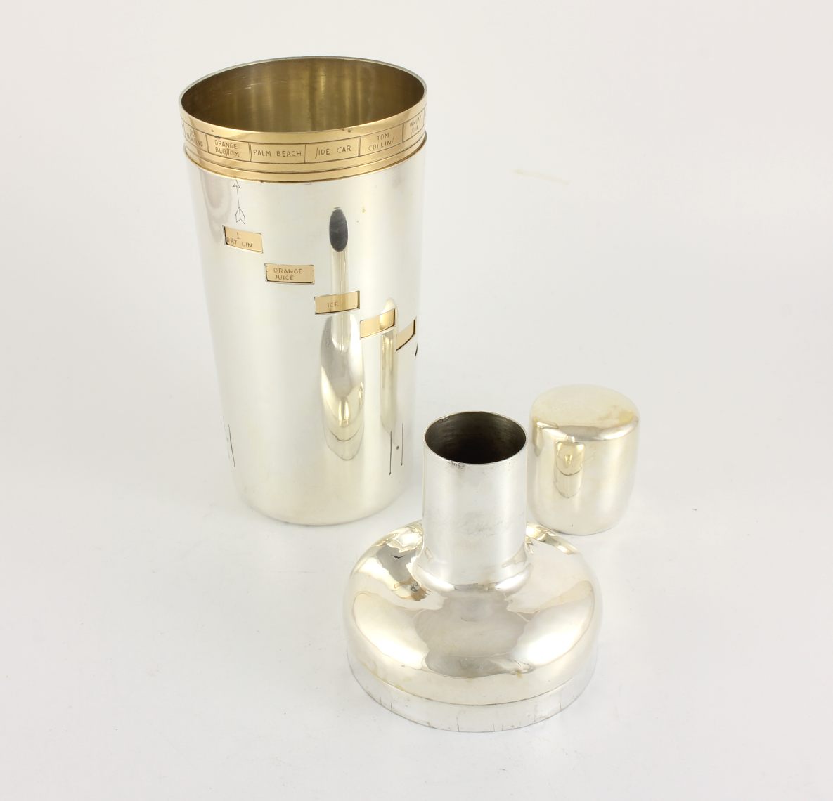 Large Recipe Cocktail Shaker. Silver Plate & Gilt Italian Dial A Drink.