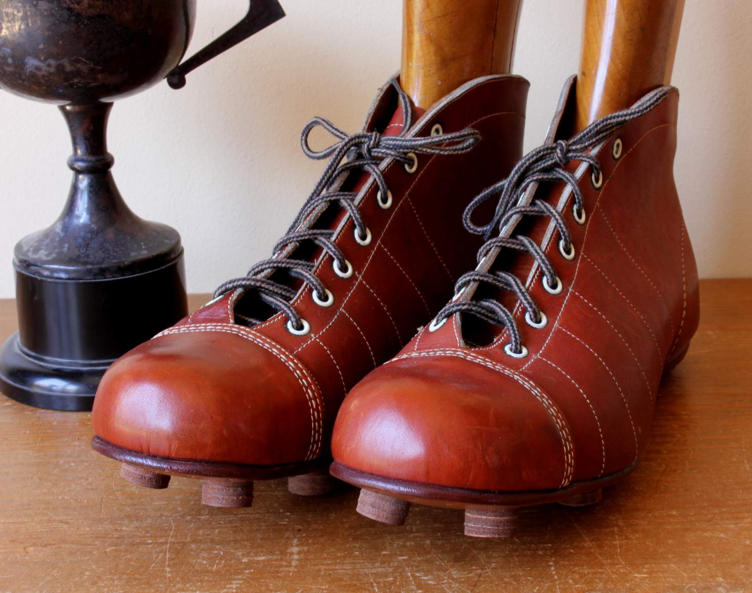 Red Leather Football Boots & Wood Boot Trees. Soccer Cleats c1950.