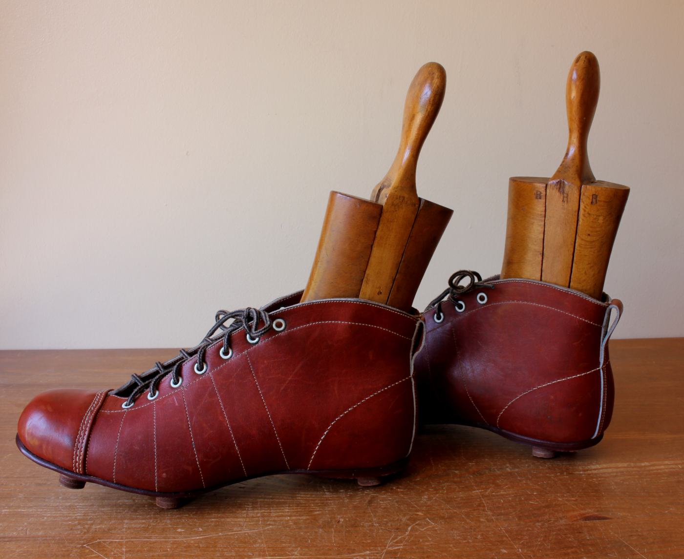 Red Leather Football Boots & Wood Boot Trees. Soccer Cleats c1950.