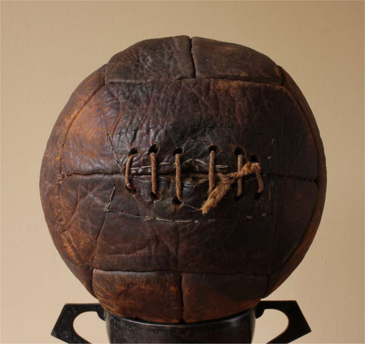 Laced Leather Football. Vintage 12 Panel Soccer Ball. Display c1950.