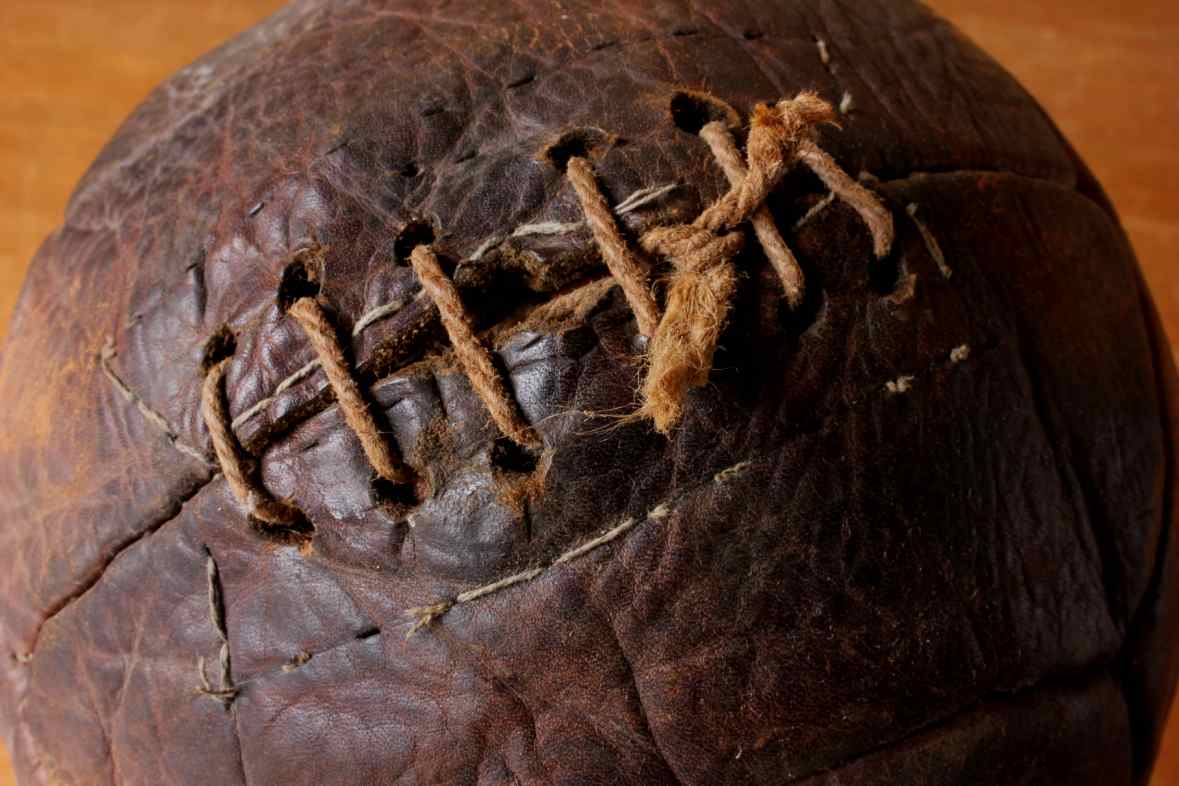 Laced Leather Football. Vintage 12 Panel Soccer Ball. Display c1950.
