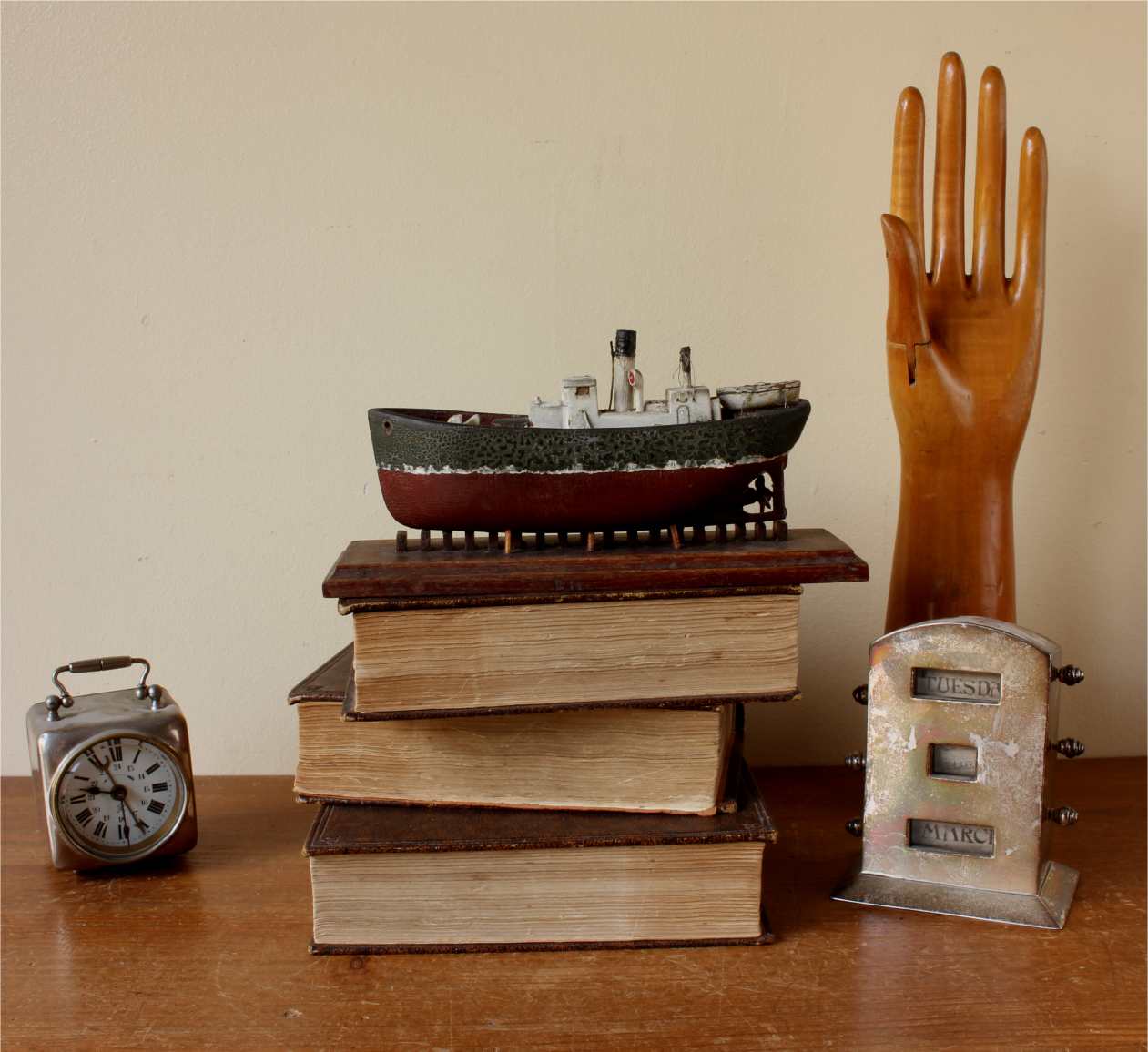 Vintage Scratch Built Tugboat. Handmade Decorative Wooden Model Tug Boat.