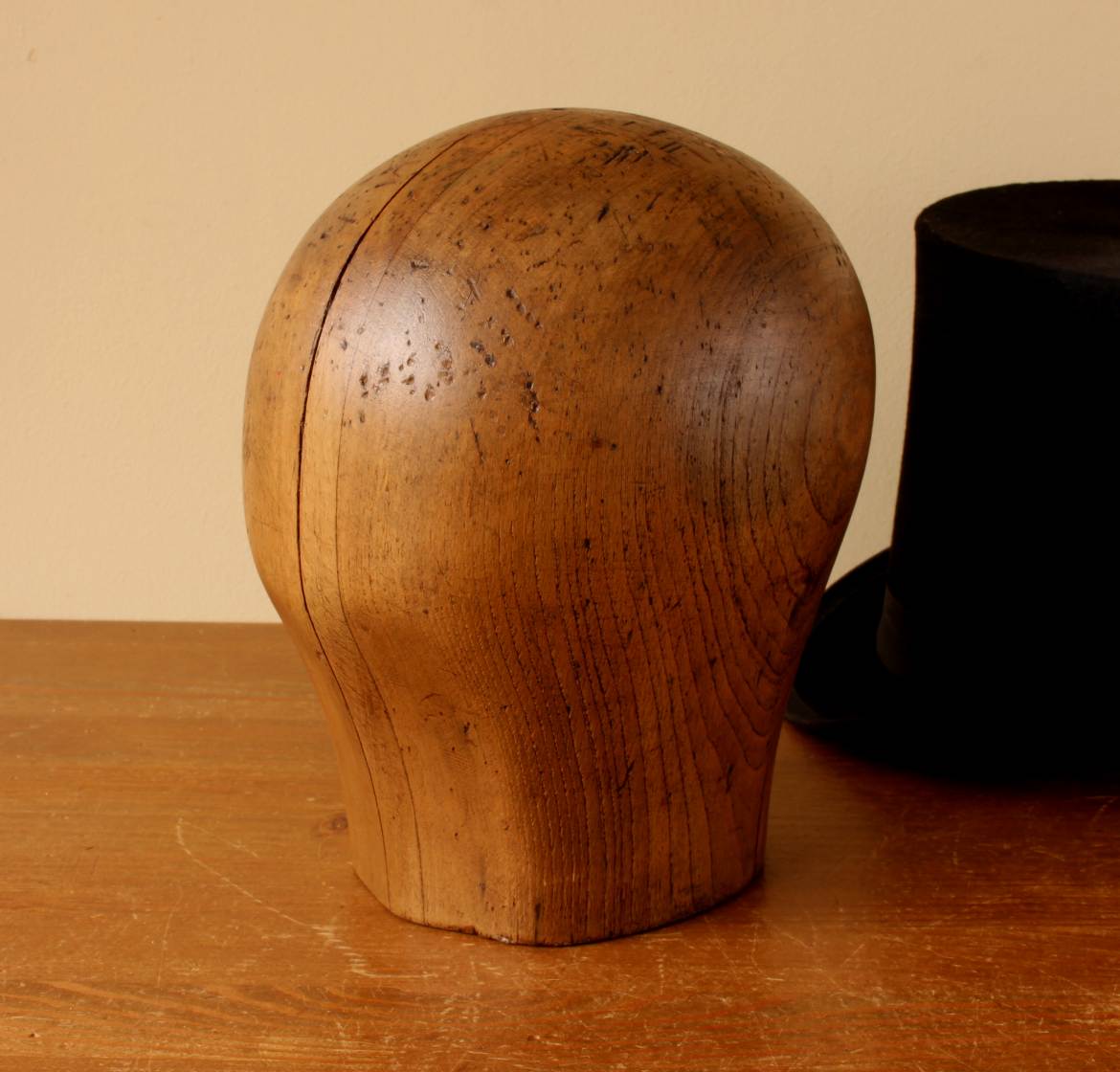 Wooden Head Hat Block. Milliners Stand, Brown Wig Display, Shop or Prop.