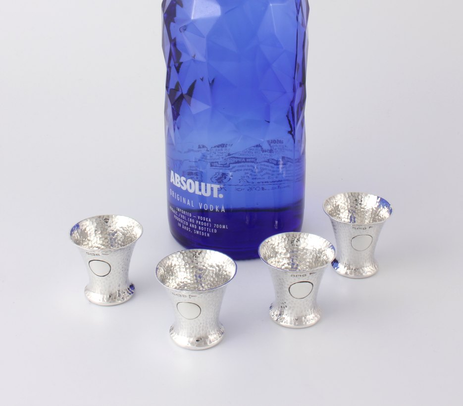 Hammered Silver Vodka Shot Cups. Set 4 Small Glasses Walker & Hall 1912.
