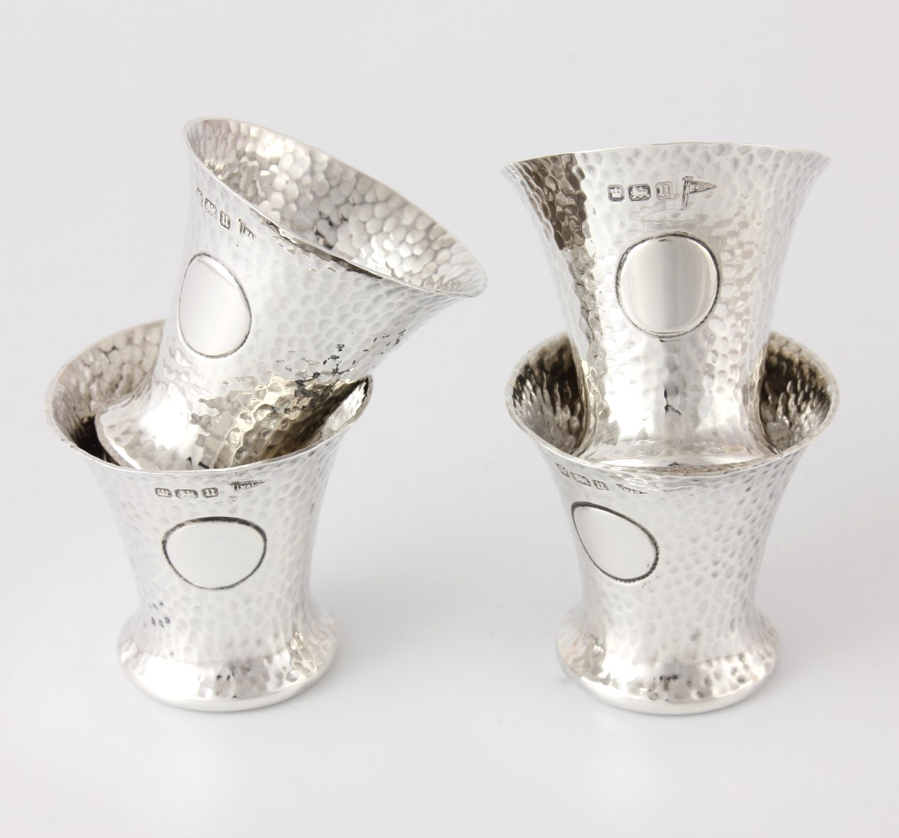 Hammered Silver Vodka Shot Cups. Set 4 Small Glasses Walker & Hall 1912.