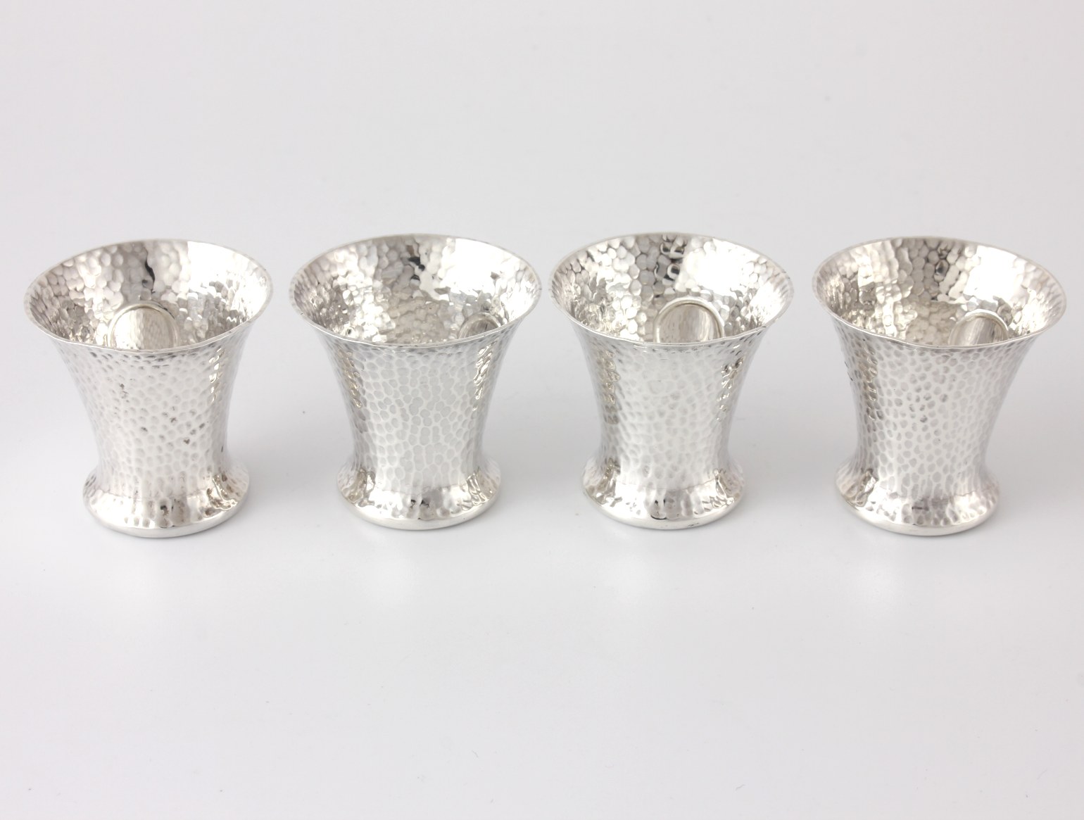 Hammered Silver Vodka Shot Cups. Set 4 Small Glasses Walker & Hall 1912.