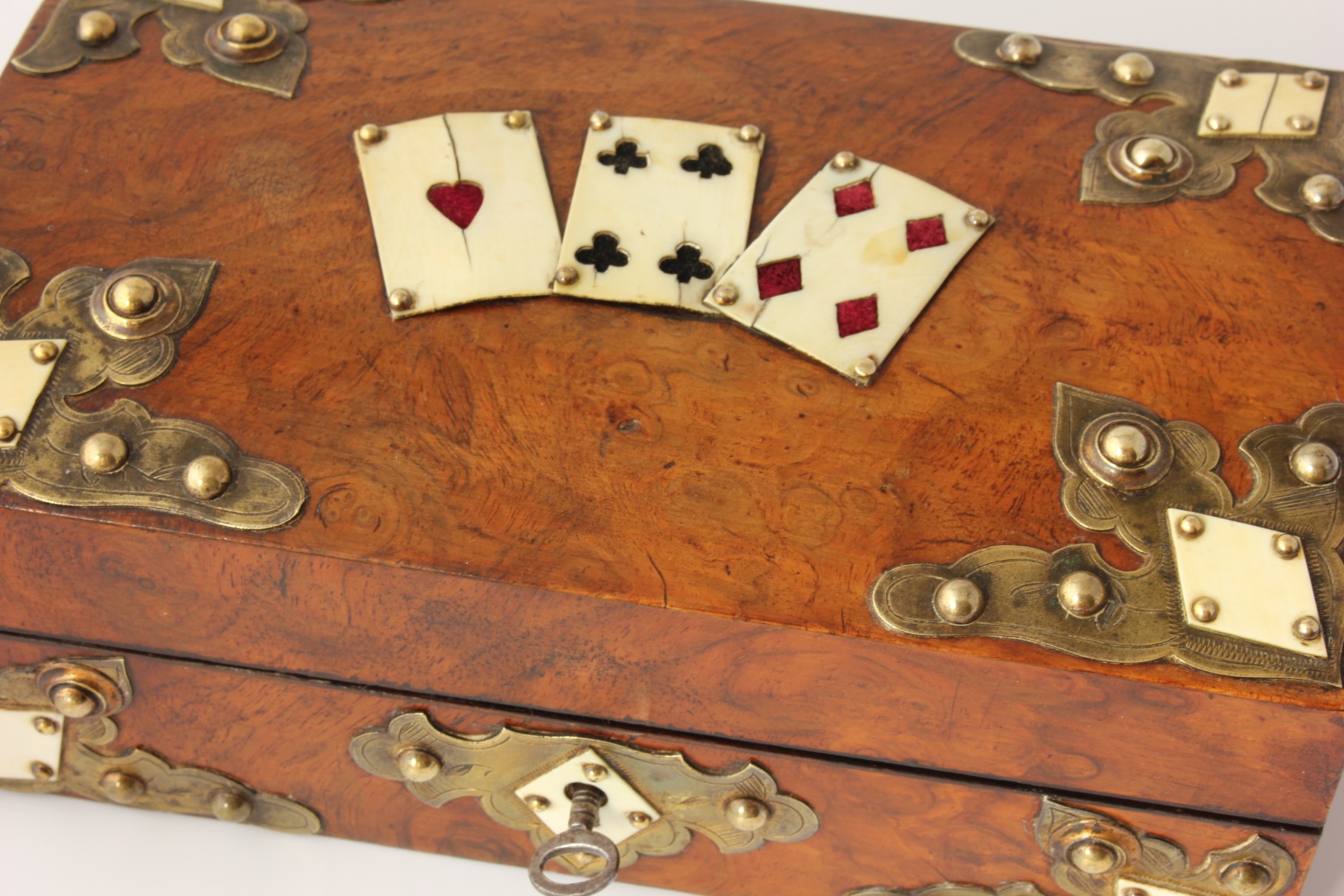 Victorian Burr Walnut Playing Card Bridge Games Box with Brass & Ivory ...
