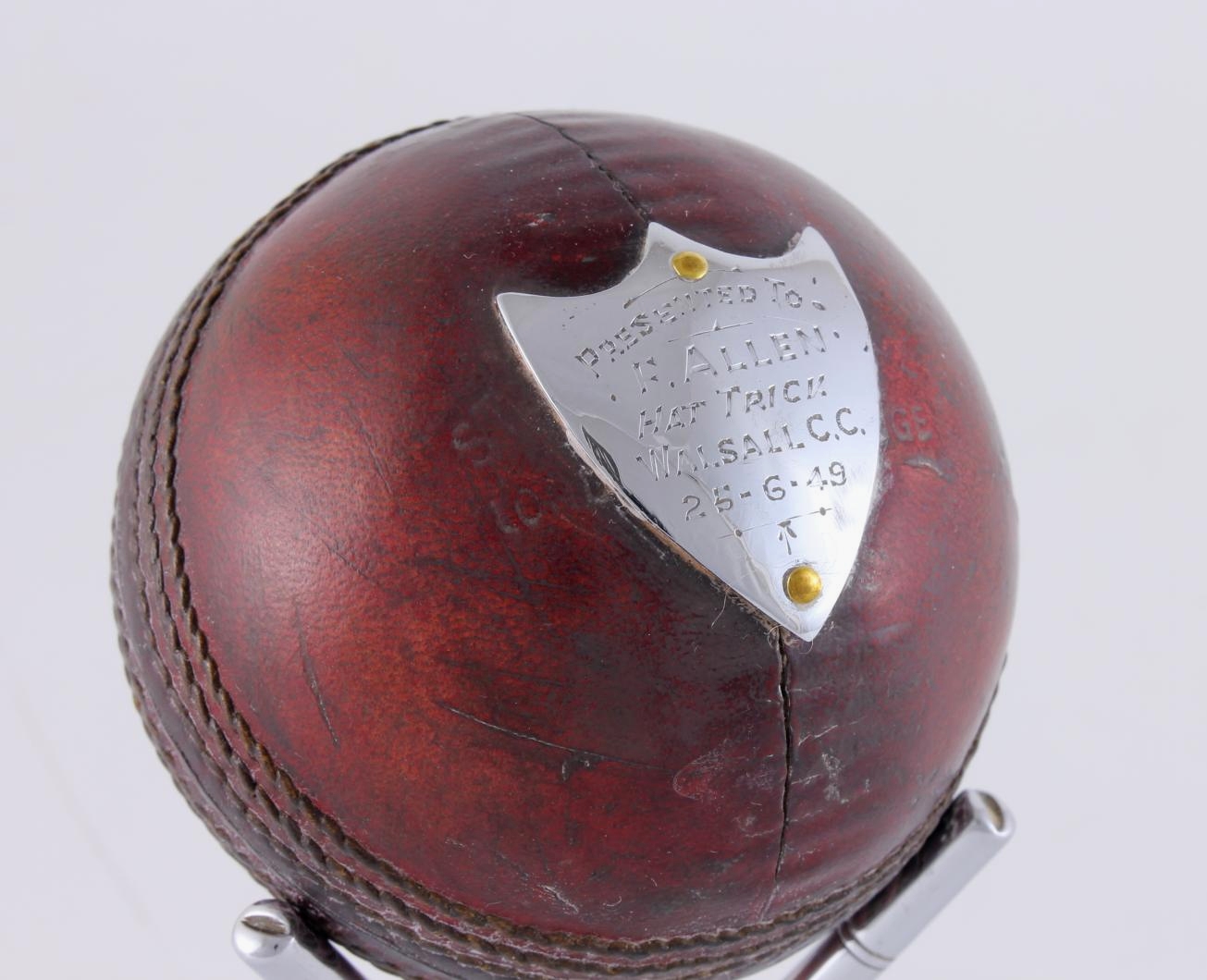 Hat Trick Cricket Ball Trophy. Walsall CC County Match Played 1949.