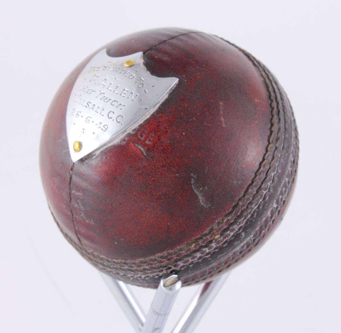 Hat Trick Cricket Ball Trophy. Walsall CC County Match Played 1949.