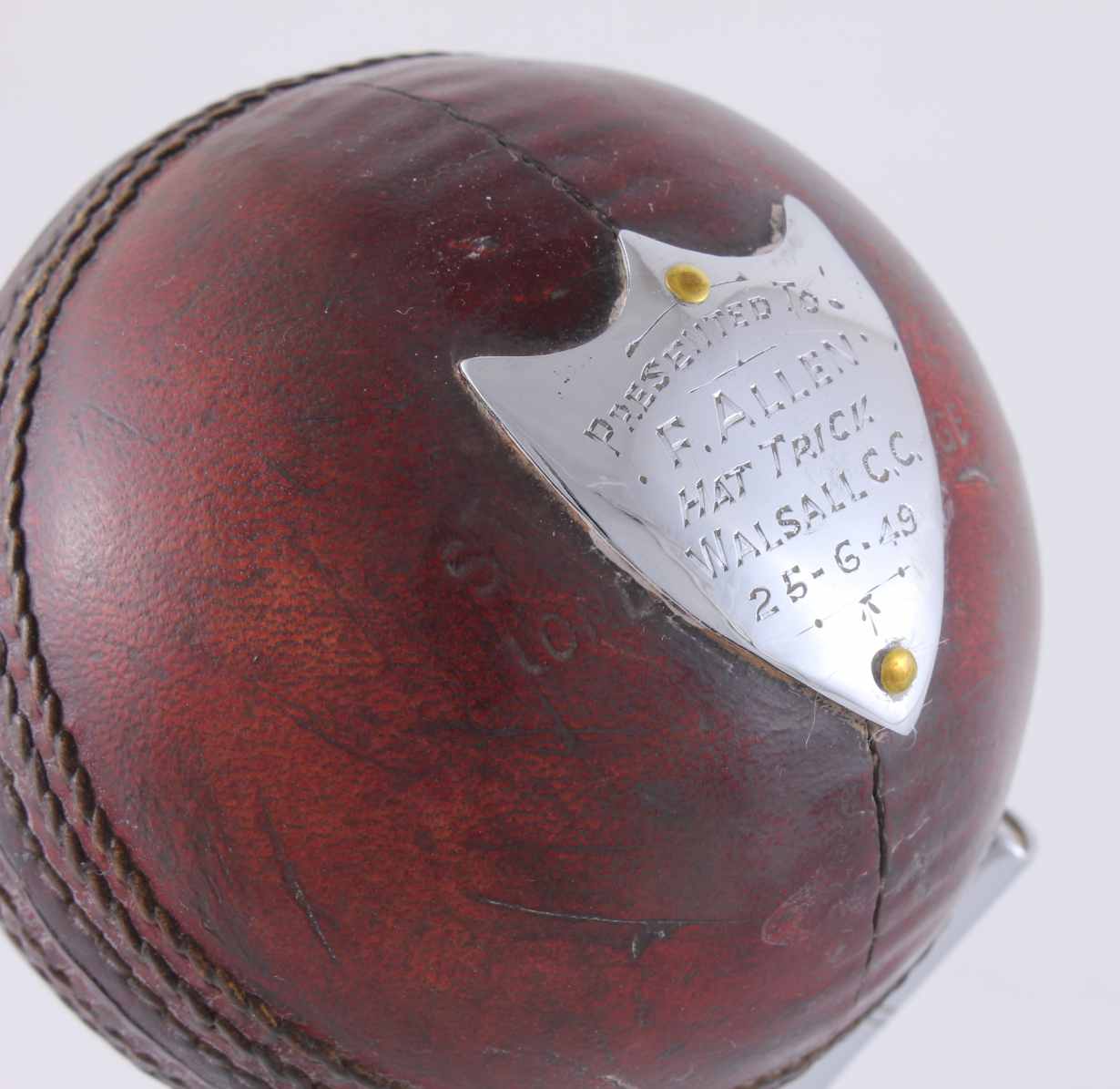 Hat Trick Cricket Ball Trophy. Walsall CC County Match Played 1949.