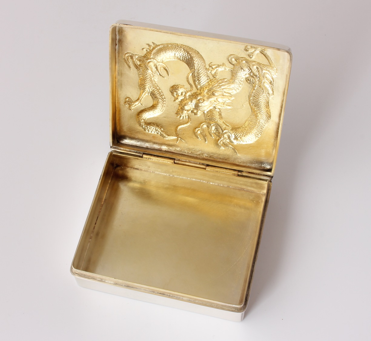 Chinese Silver Wang Hing Dragon Desk Trinket Card Box.