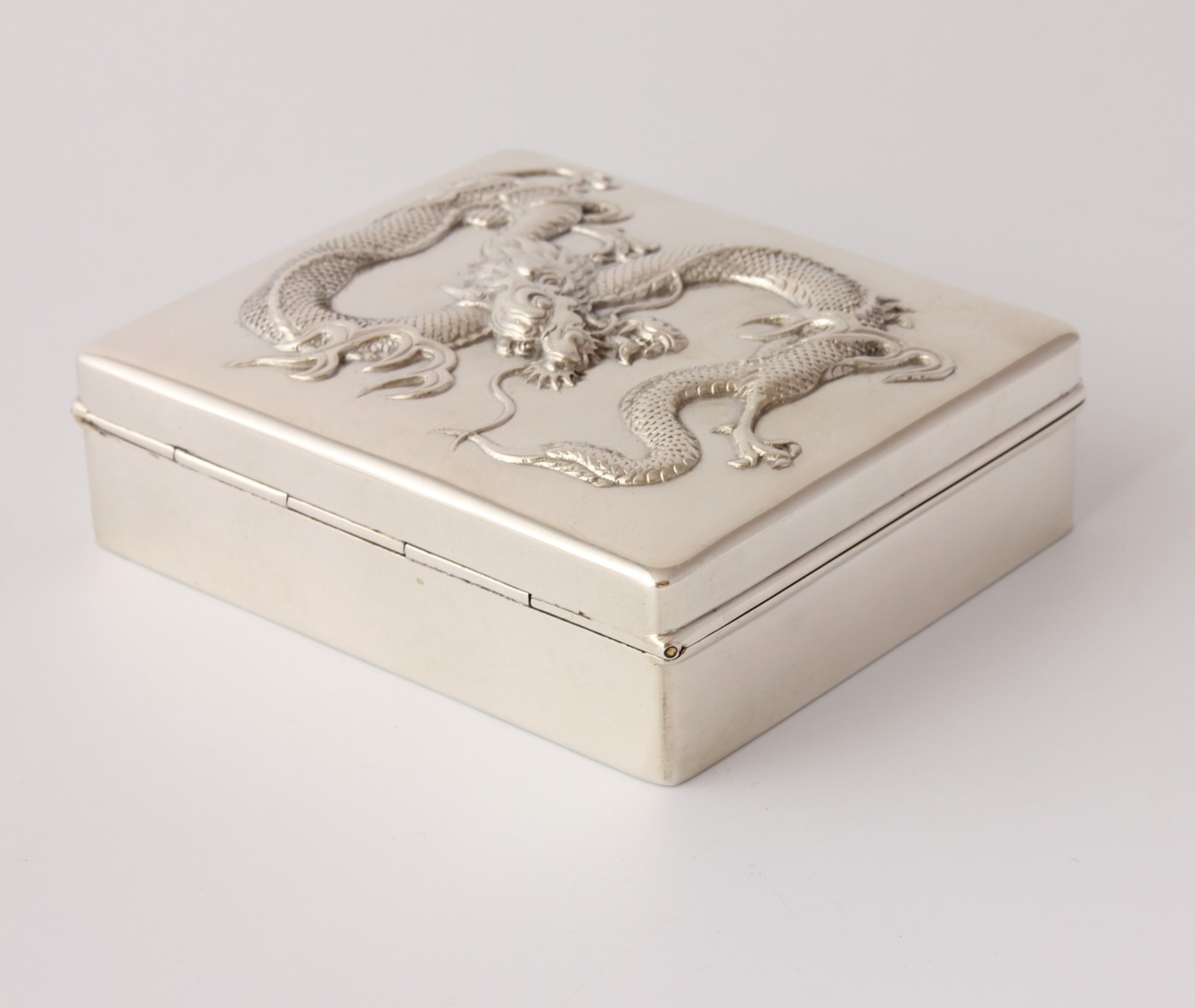 Chinese Silver Wang Hing Dragon Desk Trinket Card Box.