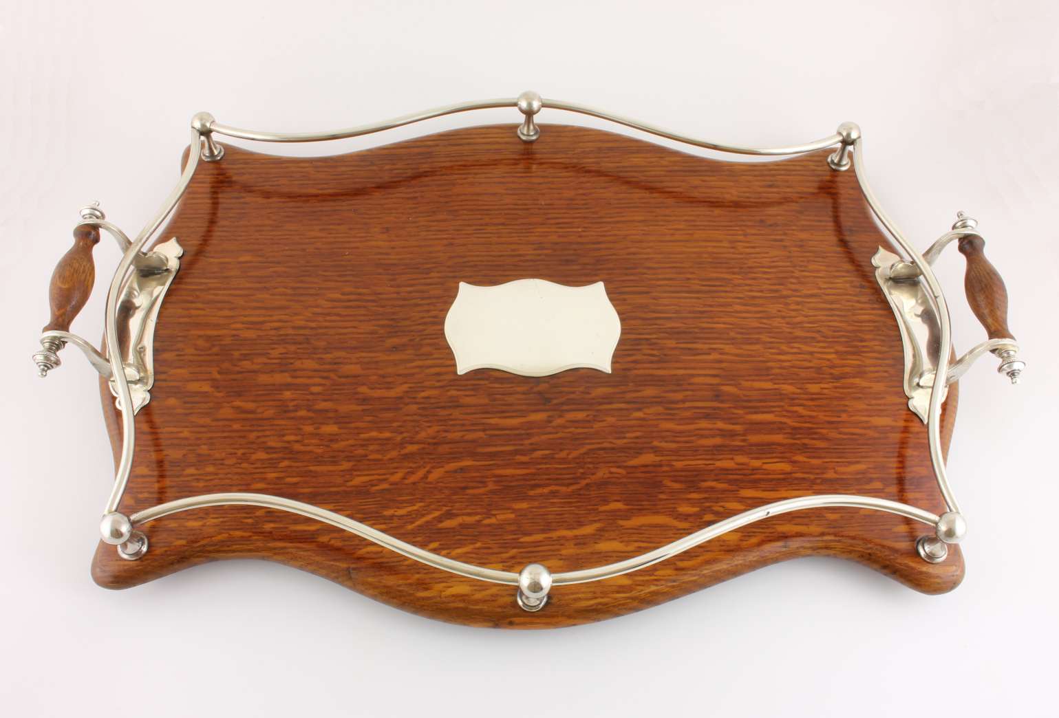 English Oak & Silver Plate Gallery Cocktail Drinks Bar Tray. Large c1900.