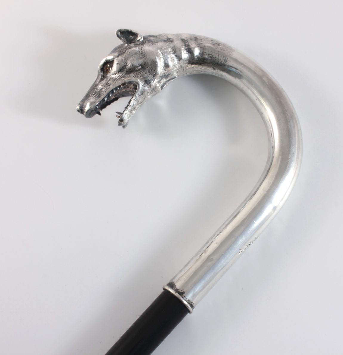 800 German Silver Wolf Dog Head Handle Walking Cane Stick c1900.