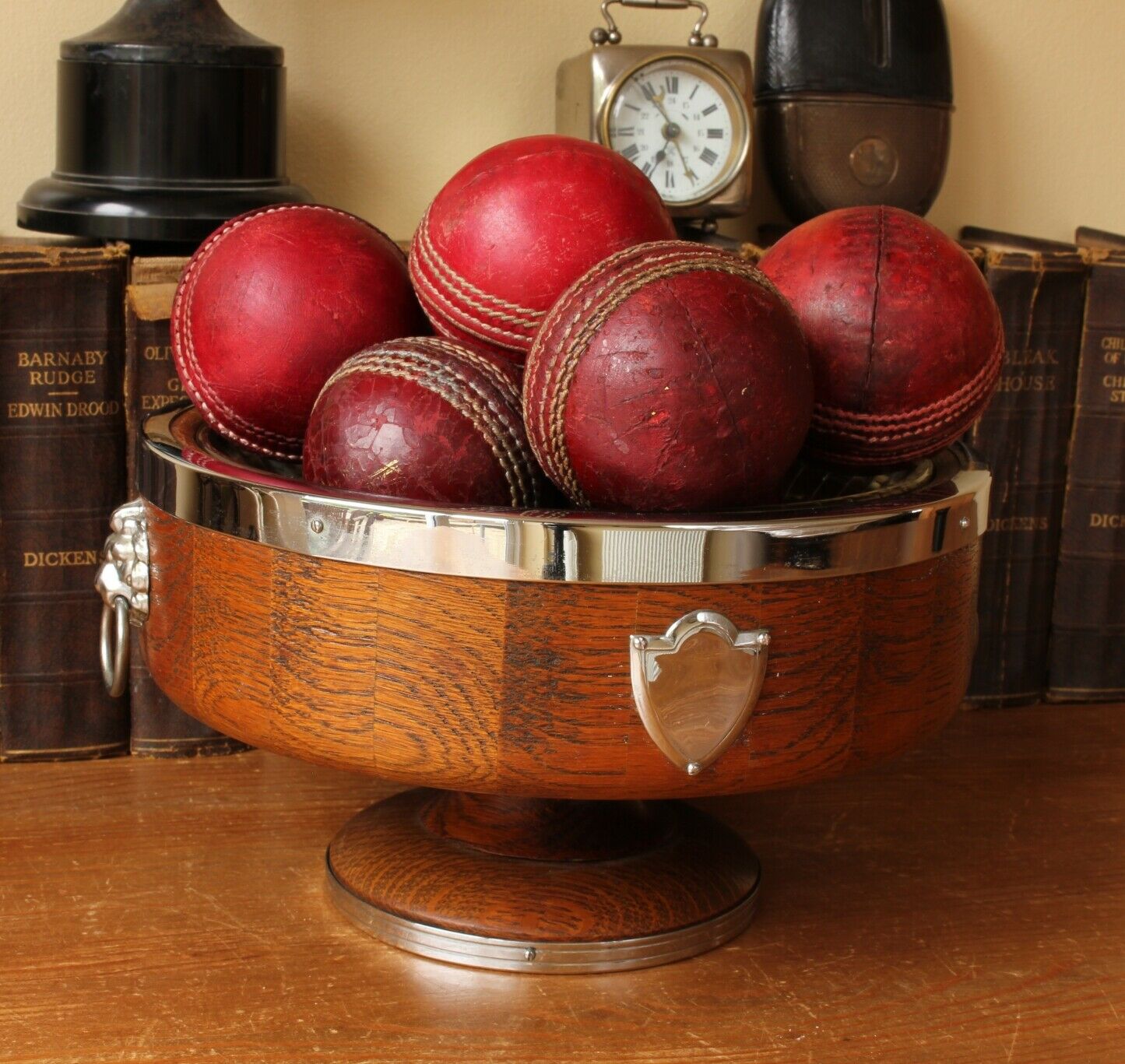English Oak Trophy Bowl & Old Leather Cricket Balls. Decorative Display.