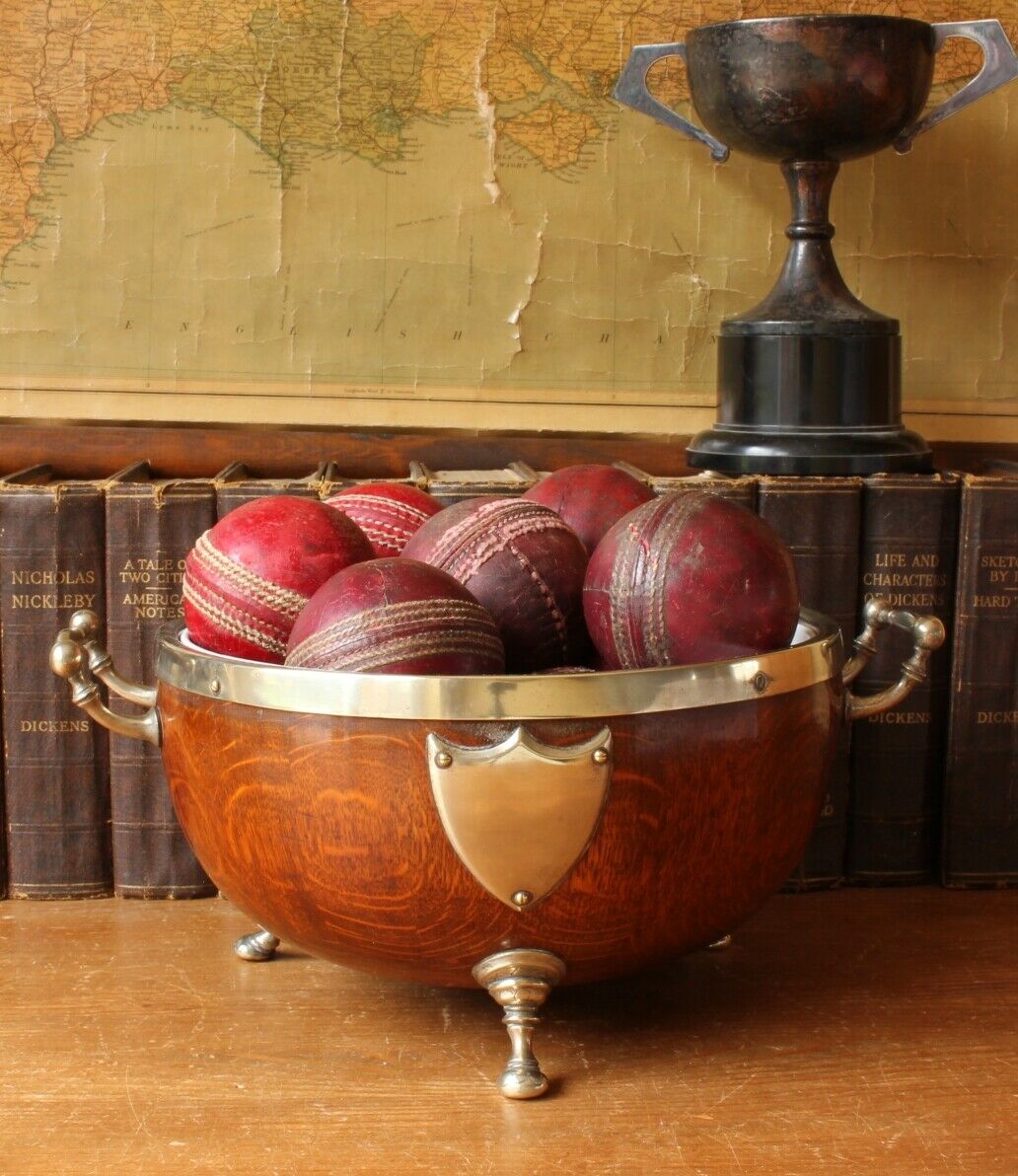 English Oak & Silver Plated Trophy Bowl with Old Leather Cricket Balls.