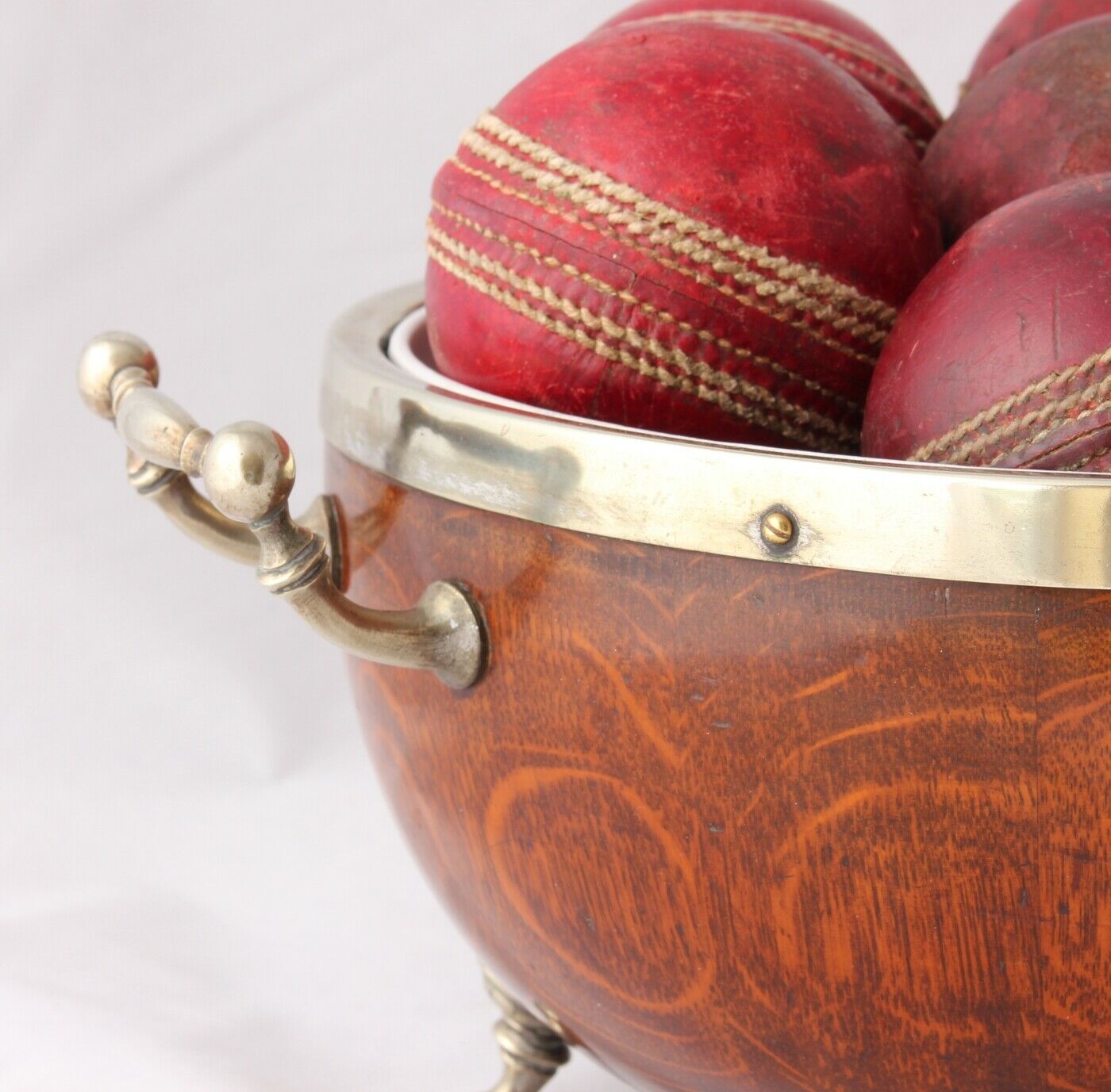English Oak & Silver Plated Trophy Bowl with Old Leather Cricket Balls.