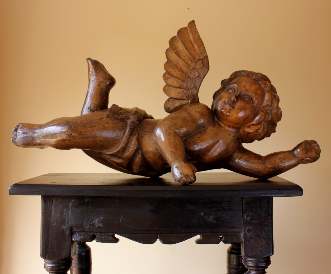 Antique Carved Wooden Putti Figure. Large 19th Century Winged Cherub.