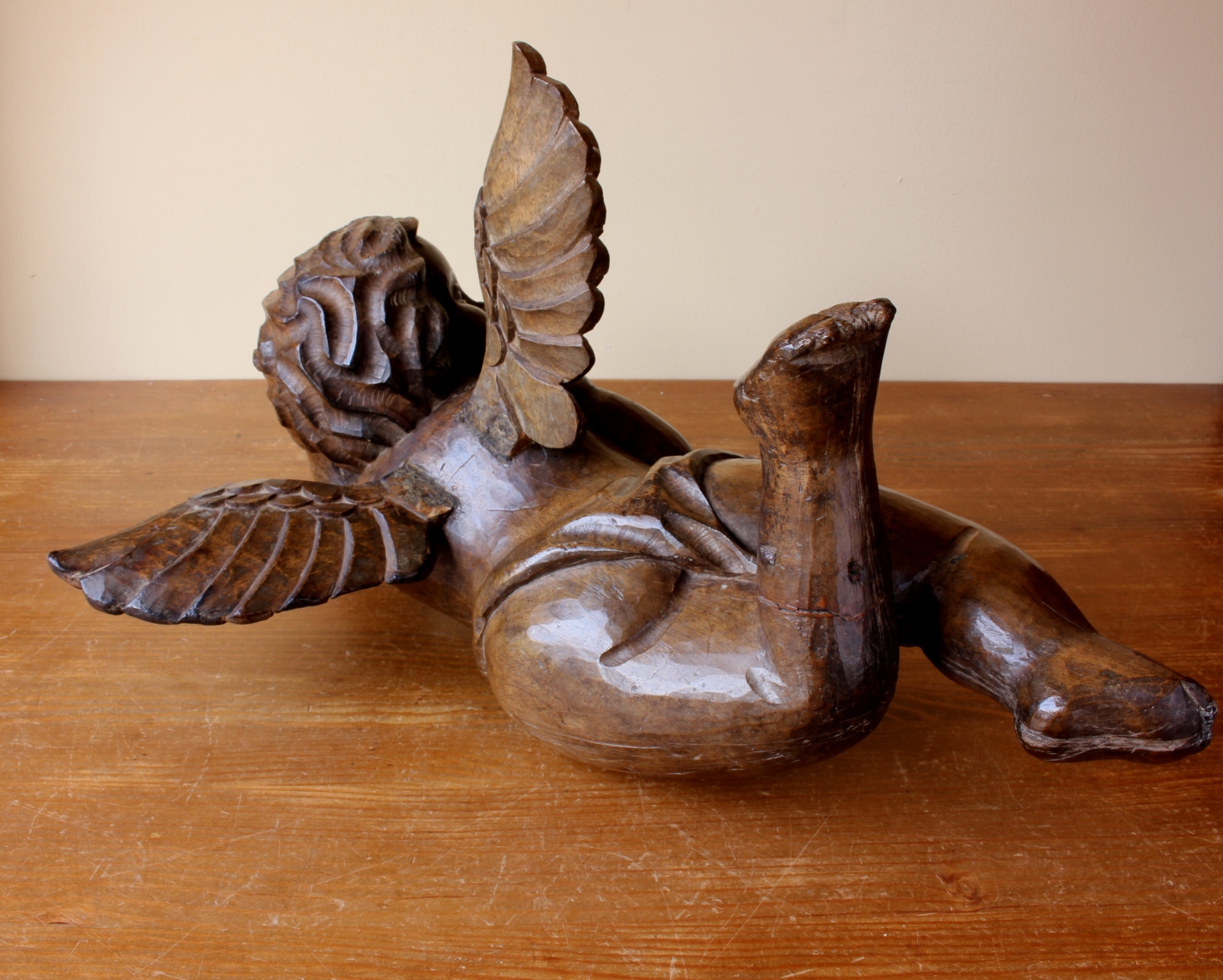 Antique Carved Wooden Putti Figure. Large 19th Century Winged Cherub.