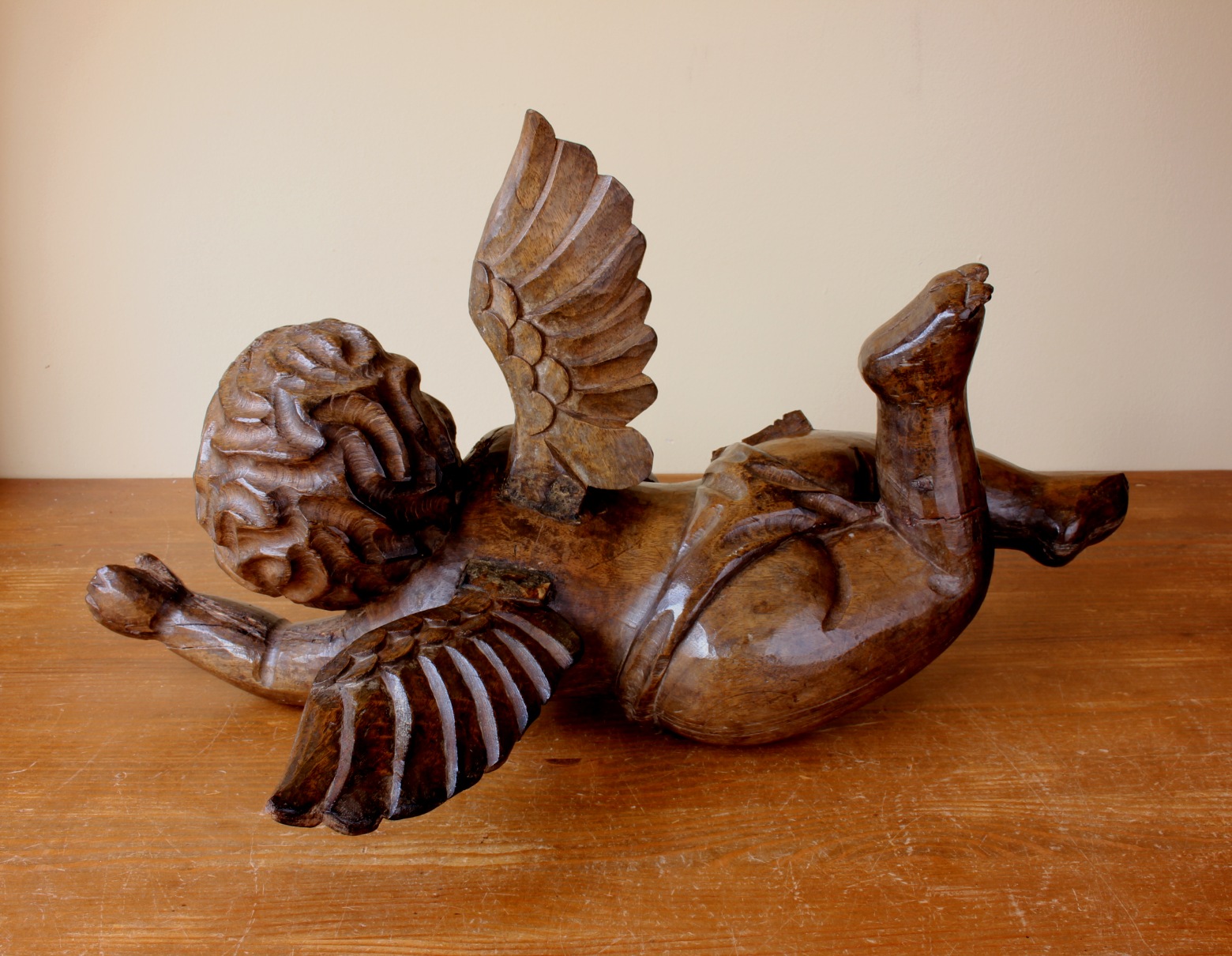 Antique Carved Wooden Putti Figure. Large 19th Century Winged Cherub.