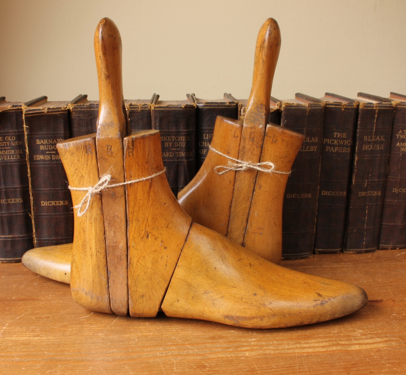 Wood Boot Lasts. Pair of Antique Wooden 3 Part Treen Trees. Shoe Shop.