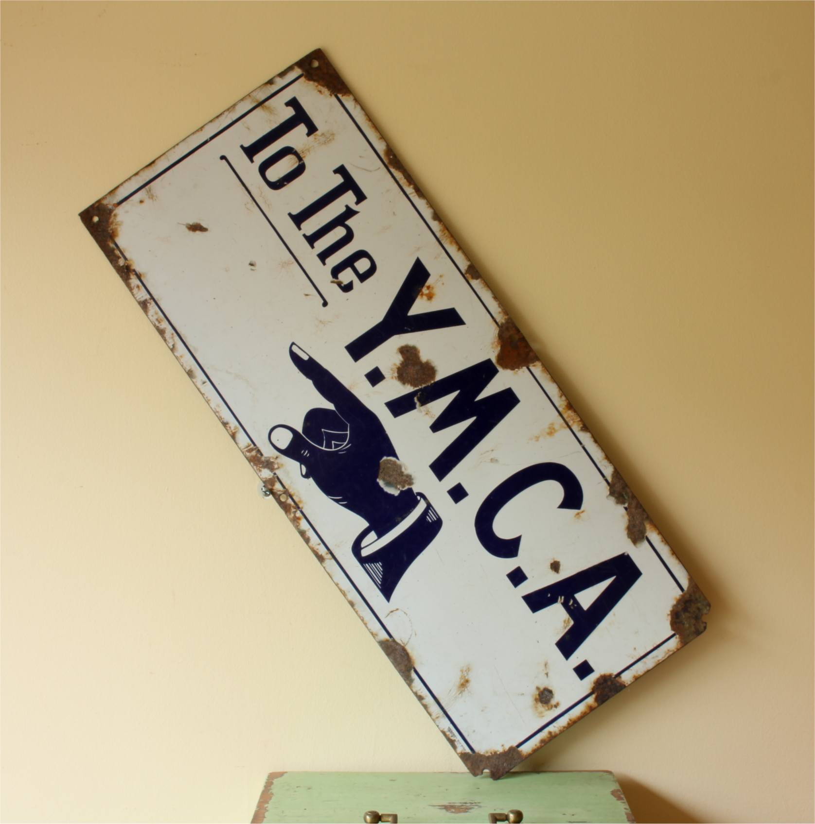Antique Enamel Sign. To The YMCA. Pointing Hand Vintage Y.M.C.A Sign.